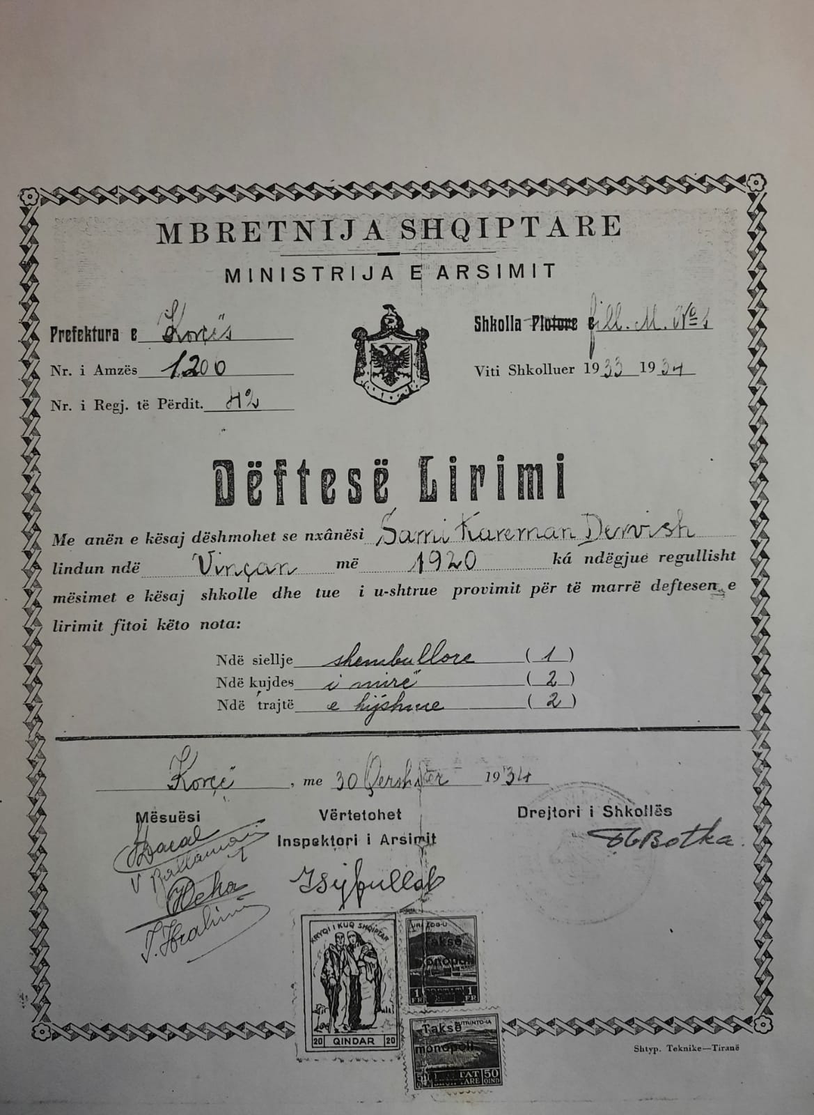 Deftesë Lirimi e kohës së Monarkisë Shqiptare, e nxënësit Sami Kareman ...